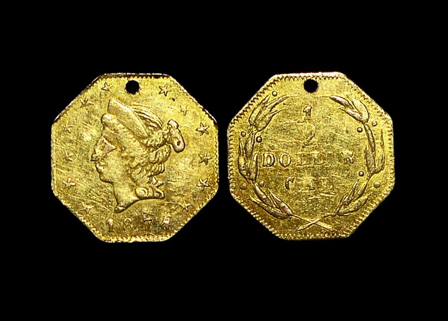 USA, California Gold 50c, Liberty Head Octagonal 1874, VF, holed, a lot ...