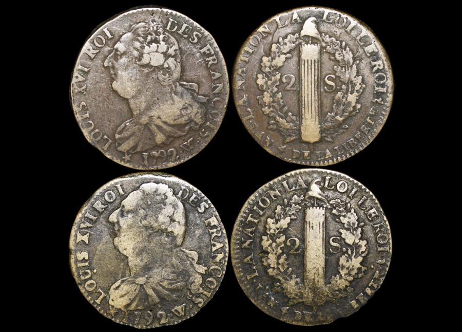 France, Louis XVI (1774-1791), Copper 2 Sols, 1792 W, VF, a lot of (2 ...