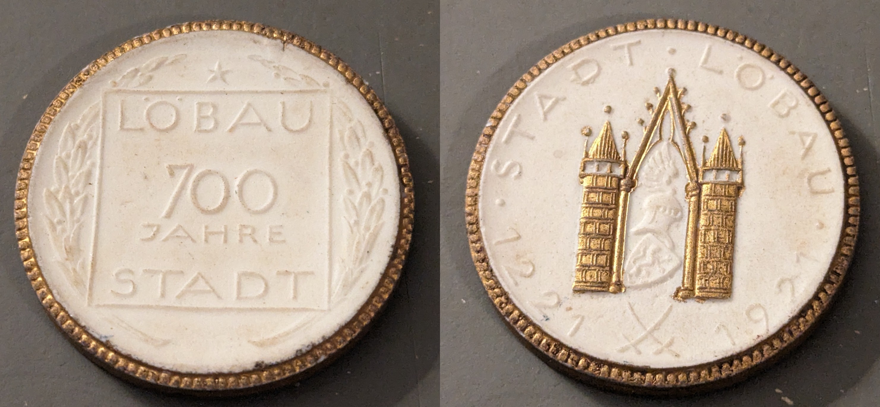 German gold gilded white porcelain medal. Lobau, 700 year celebration