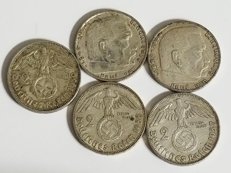 5 German Third Reich 2 Mark coins - one lot | European Coins