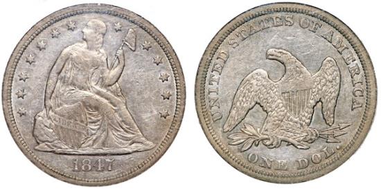1847 Liberty Seated Silver Dollar AU-50 NGC | US Paper Money