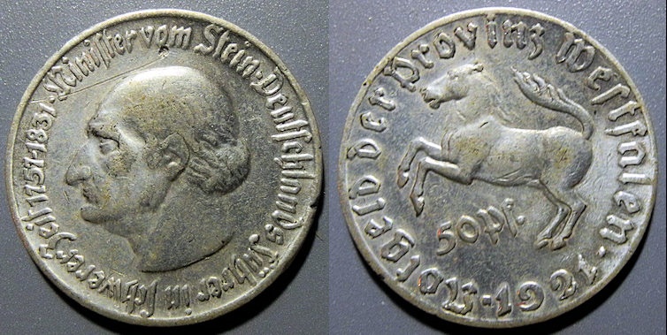 German aluminum notgeld coin - Westphalia, 1921 - 50 pfennig | European ...