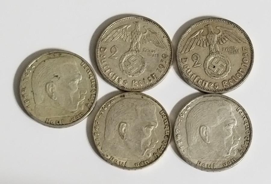 5 German Third Reich 2 Mark coins - one lot | European Coins
