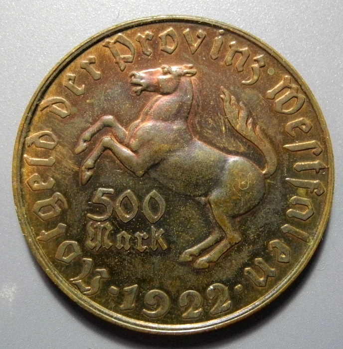 Westphalia, German metal notgeld coin, 500 Marks, 1922 | European Coins