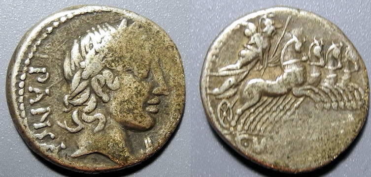 Roman Republic denarius - C Vibius Pansa, AR, 90BC - Apollo / quadriga