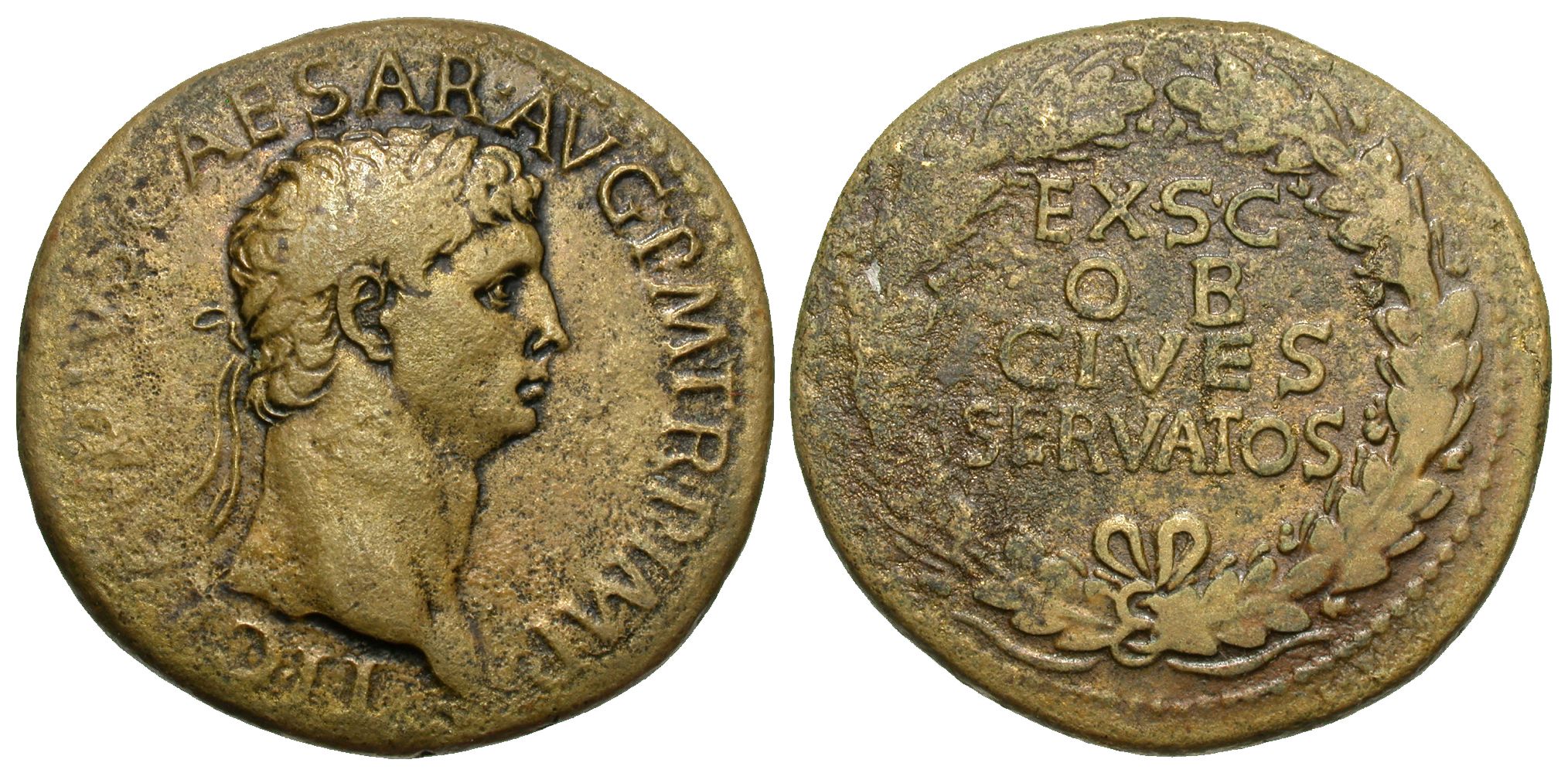 Claudius. Æ Sestertius. Legend in Oak Wreath. | Roman Imperial Coins