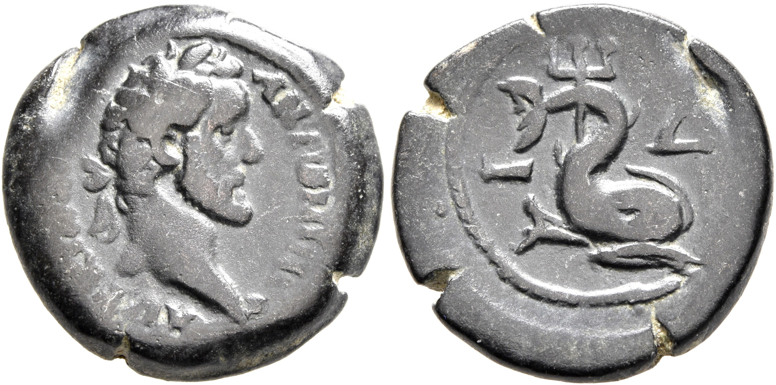 Roman Egypt. Antoninus Pius. Æ Obol. Dolphin Coiled Around Trident.