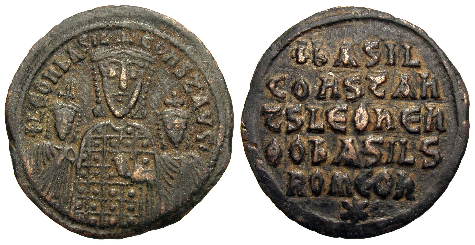 Byzantine Empire. Basil I, with Constantine & Leo VI. Æ Follis.