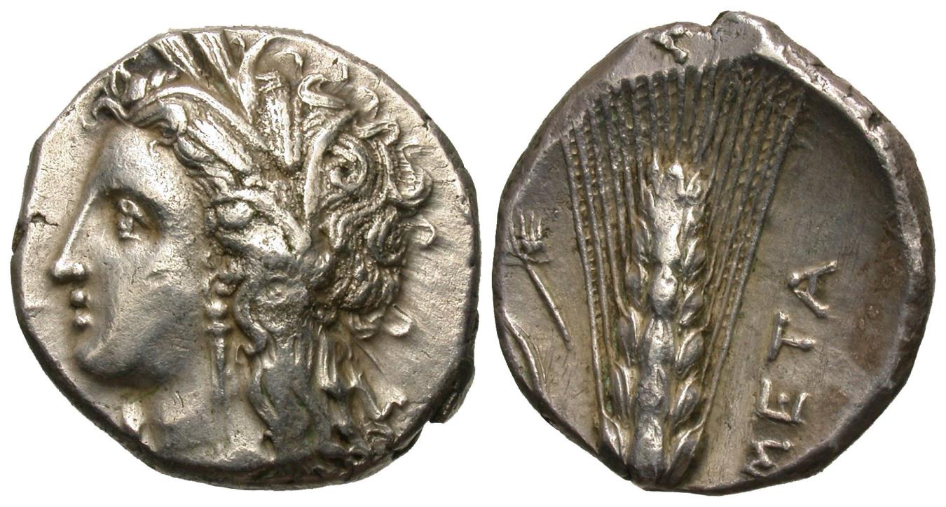Lucania, Metapontum. AR Stater. Demeter / Ear of Barley. | Greek Coins
