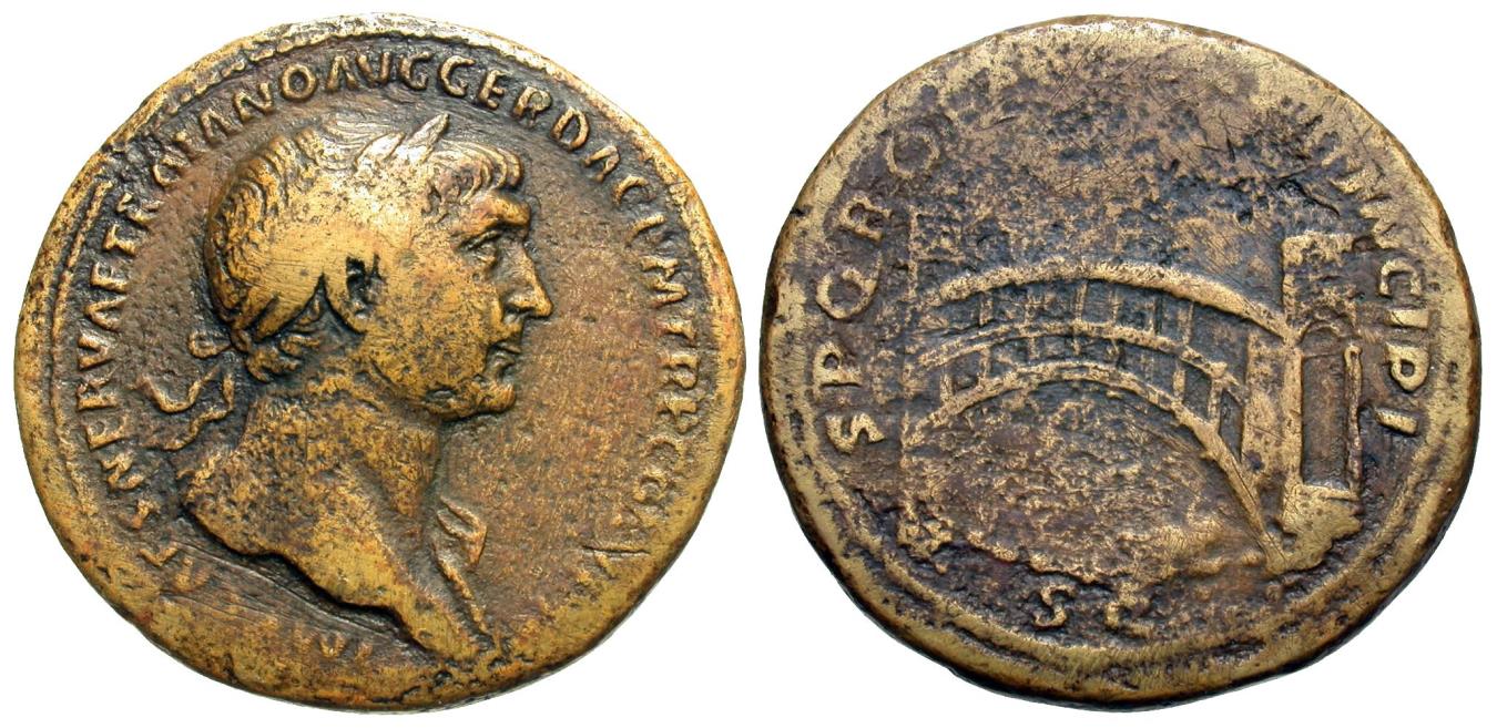 Trajan. Æ Sestertius. Danube River Bridge. | Roman Imperial Coins