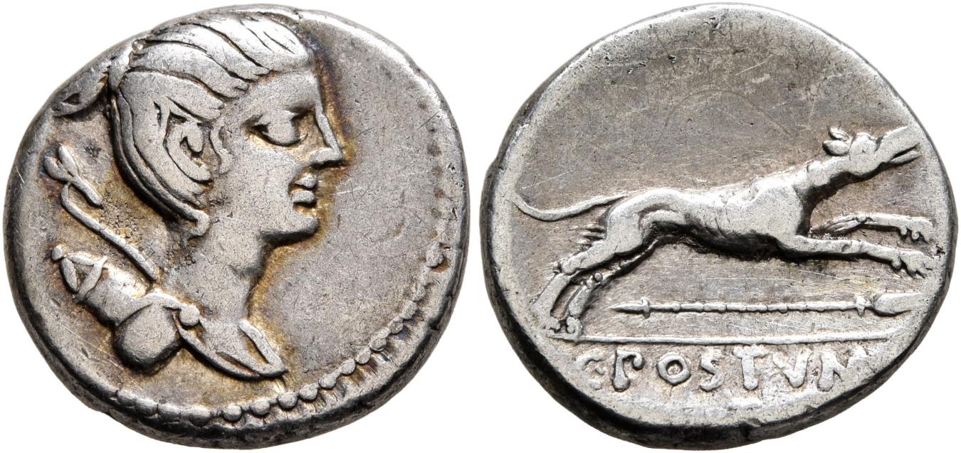 Roman Republic. AR Denarius. C. Postumius. Diana / Hound. | Roman ...