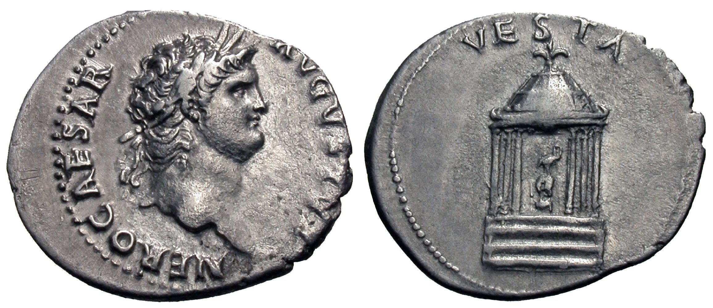 Nero. AR Denarius. Temple of Vesta. | Roman Imperial Coins