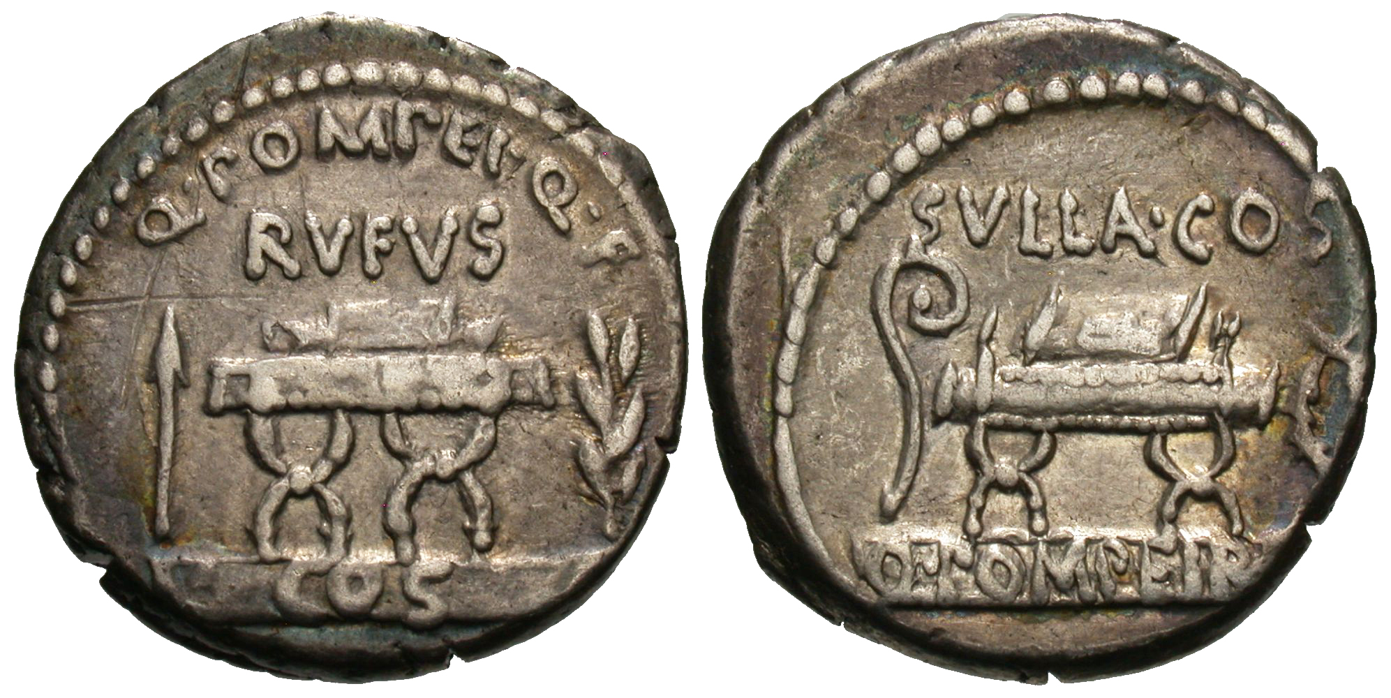 Roman Republic. Q. Pompeius Rufus. AR Denarius. Curule Chair.