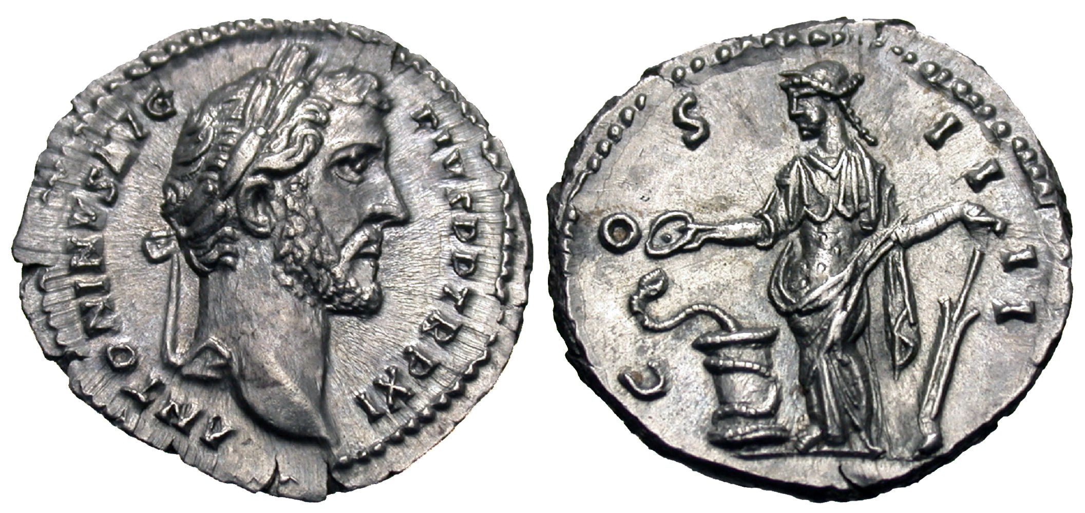 Antoninus Pius. AR Denarius. Salus Feeds Serpent. Choice. | Roman ...