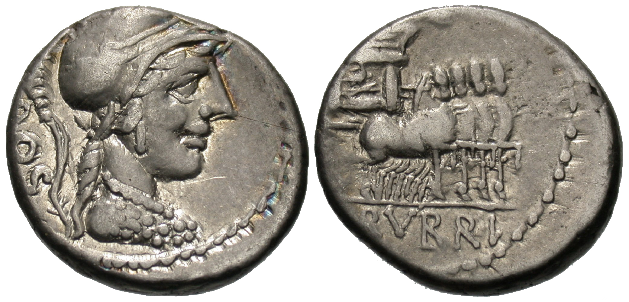 Roman Republic. L. Rubrius Dossenus. AR Denarius. Triumphal Quadriga.