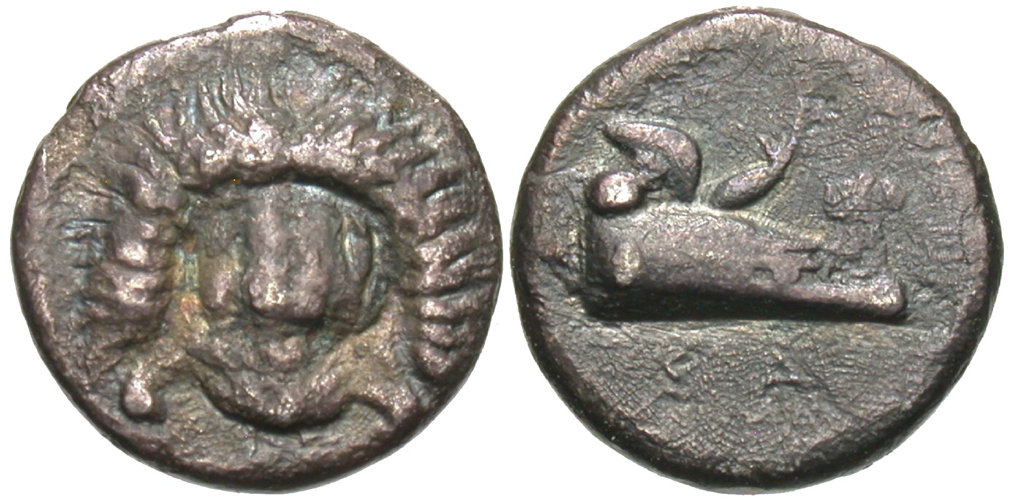 Ionia, Samos. AR Diobol. Lion's Scalp / Prow of Samian Galley.