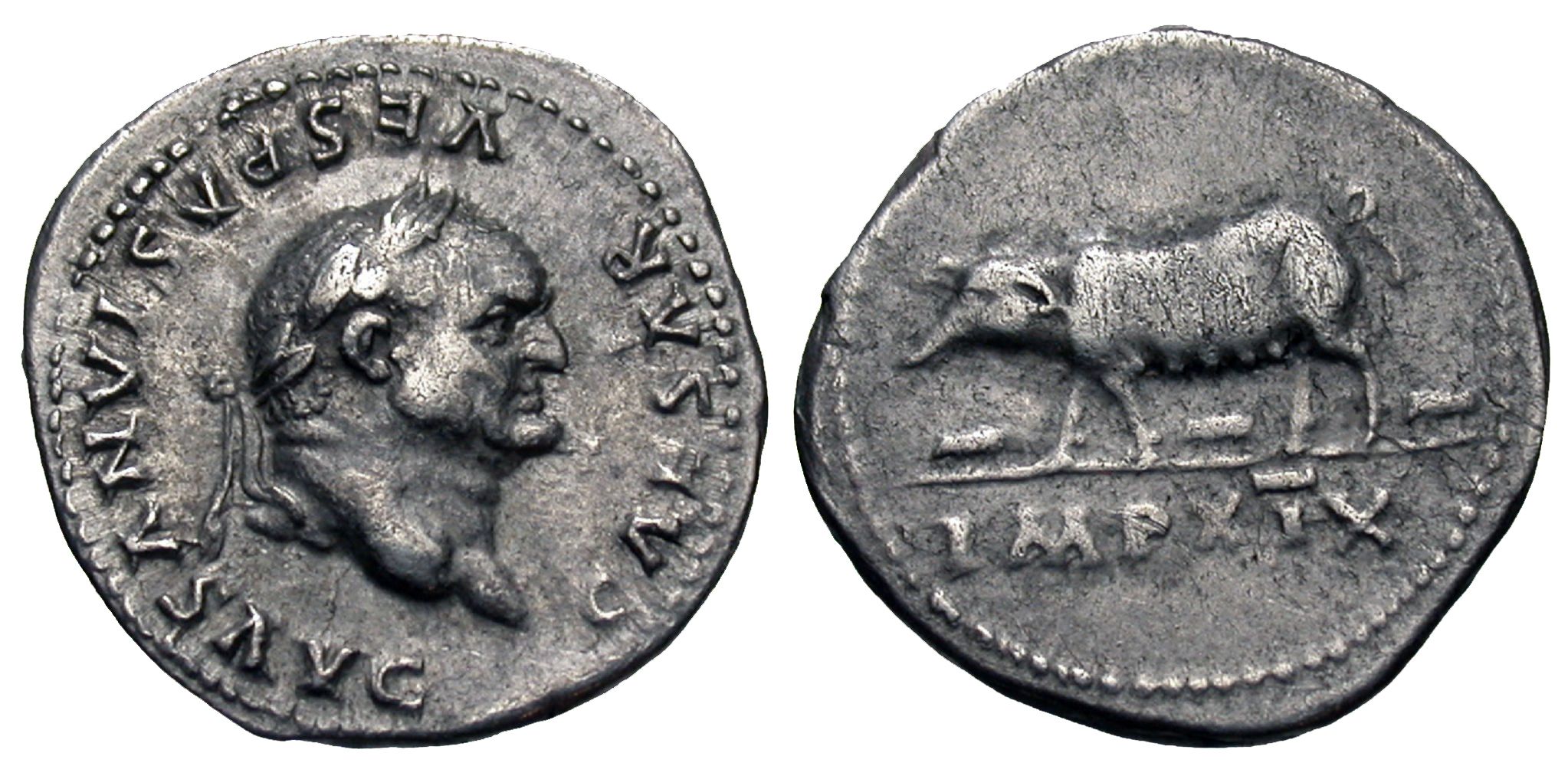 Vespasian. AR Denarius. Sow with Three Piglets. | Roman Imperial Coins