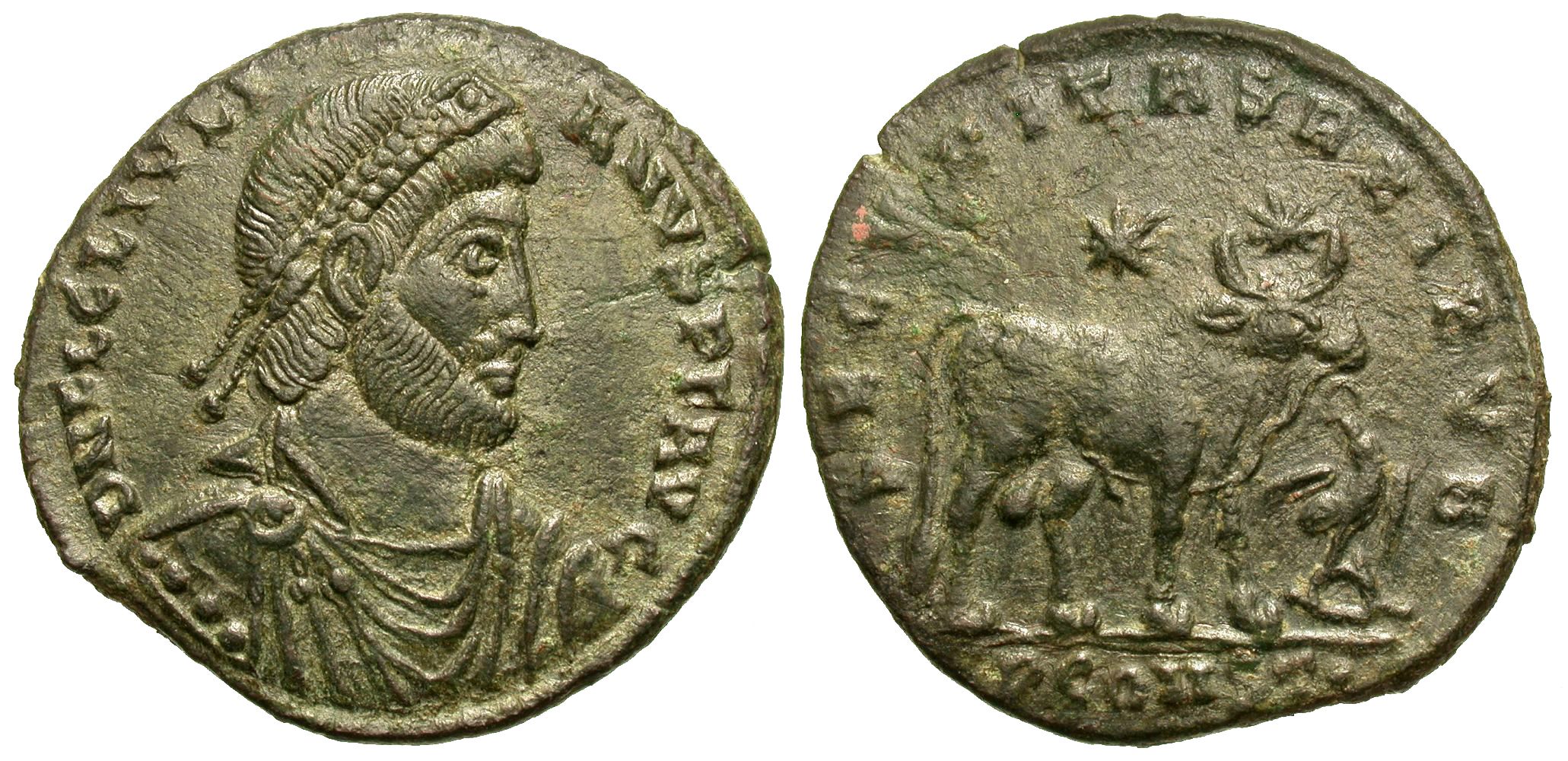 Julian II. Æ 27 mm. Arles Mint. Bull and Stars. | Roman Imperial Coins