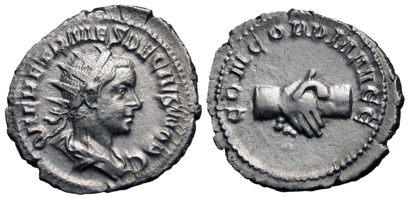 Herennius Etruscus, as Caesar. AR Antoninianus. Clasped Hands.