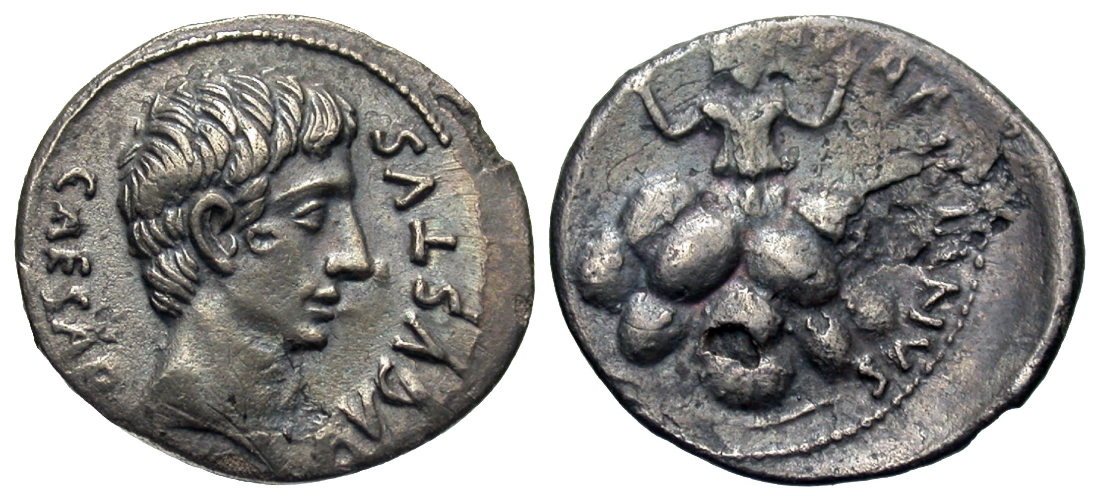 Augustus. AR Denarius. Tarpeia Buried in Shields | Roman Imperial Coins