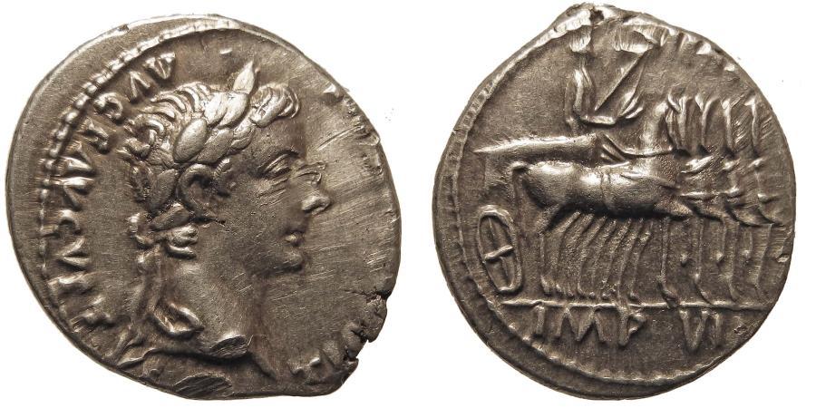 Tiberius. AR Denarius. Triumphal Quadriga. | Roman Imperial Coins