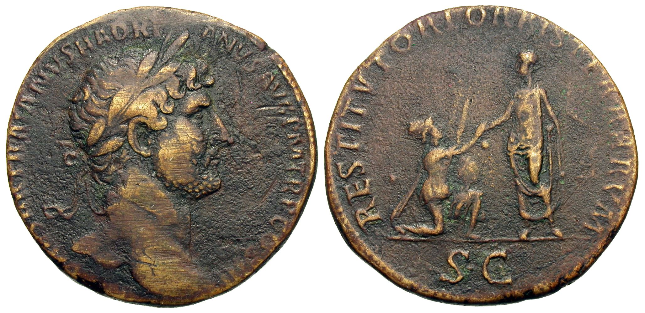 Hadrian. Æ Sestertius. Emperor Raises Up Orbis. | Roman Imperial Coins