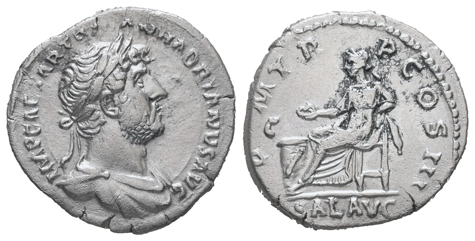 Hadrian. AR Denarius. Salus Feeds Snake. | Roman Imperial Coins