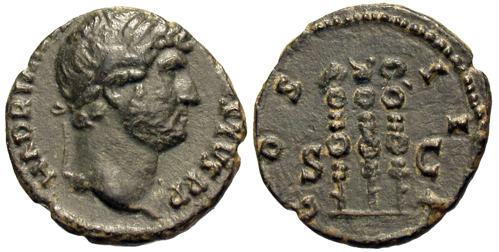 Hadrian. Æ Quadrans. Three Standards. | Roman Imperial Coins