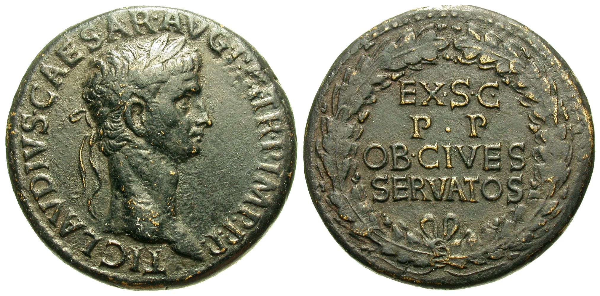 Claudius. Æ Sestertius. Legend in Oak Wreath. | Roman Imperial Coins