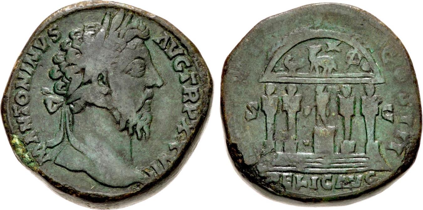Marcus Aurelius. Æ Sestertius. Temple of Mercury. 'Miracle of the Rain ...