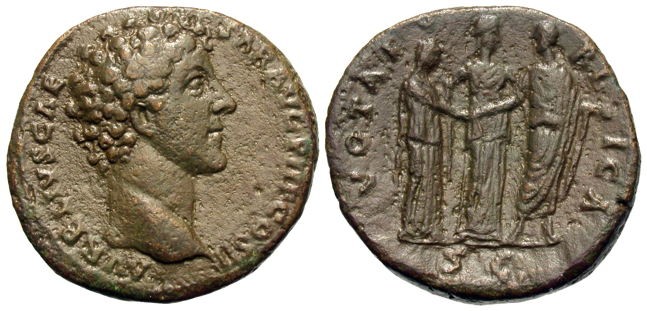 Marcus Aurelius, as Caesar. Æ Sestertius. Marriage Scene. | Roman ...
