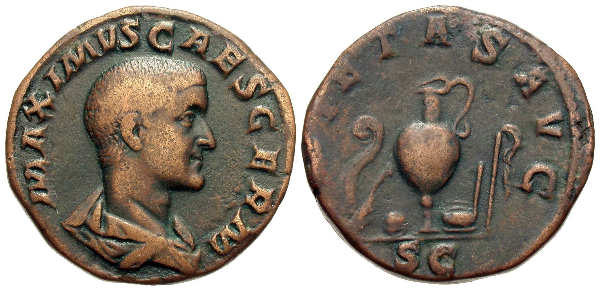 Maximus. Æ Sestertius. Priestly Implements. | Roman Imperial Coins