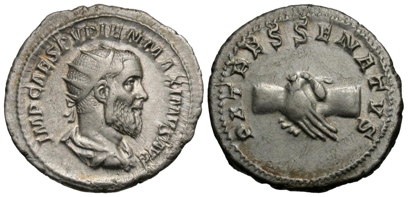 Pupienus. AR Antoninianus. Clasped Hands. | Roman Imperial Coins