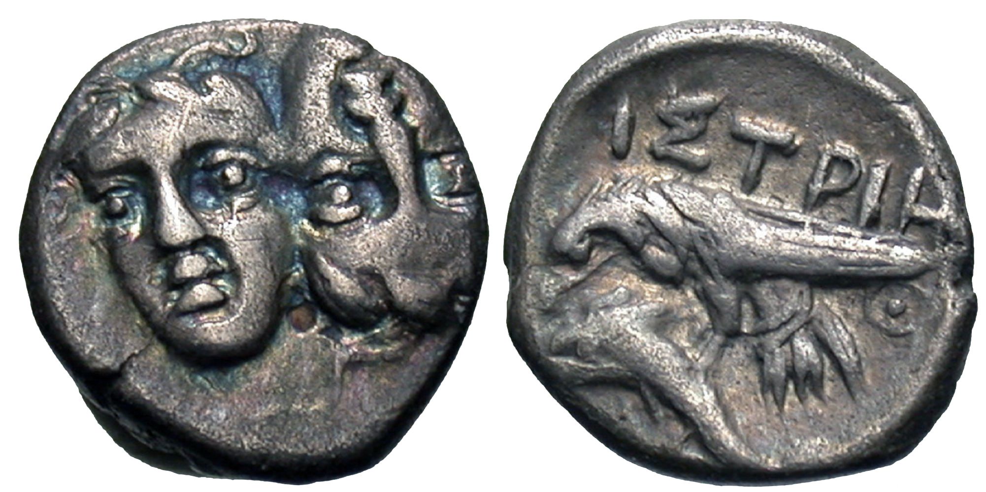 Moesia, Istros. AR Trihemiobol - 1/4 Drachm. Inverted Heads / Sea Eagle.