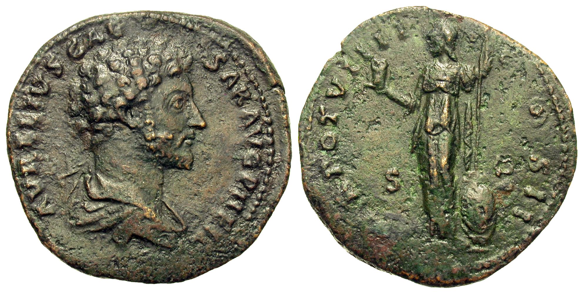 Marcus Aurelius, as Caesar. Æ Sestertius. Minerva. | Roman Imperial Coins