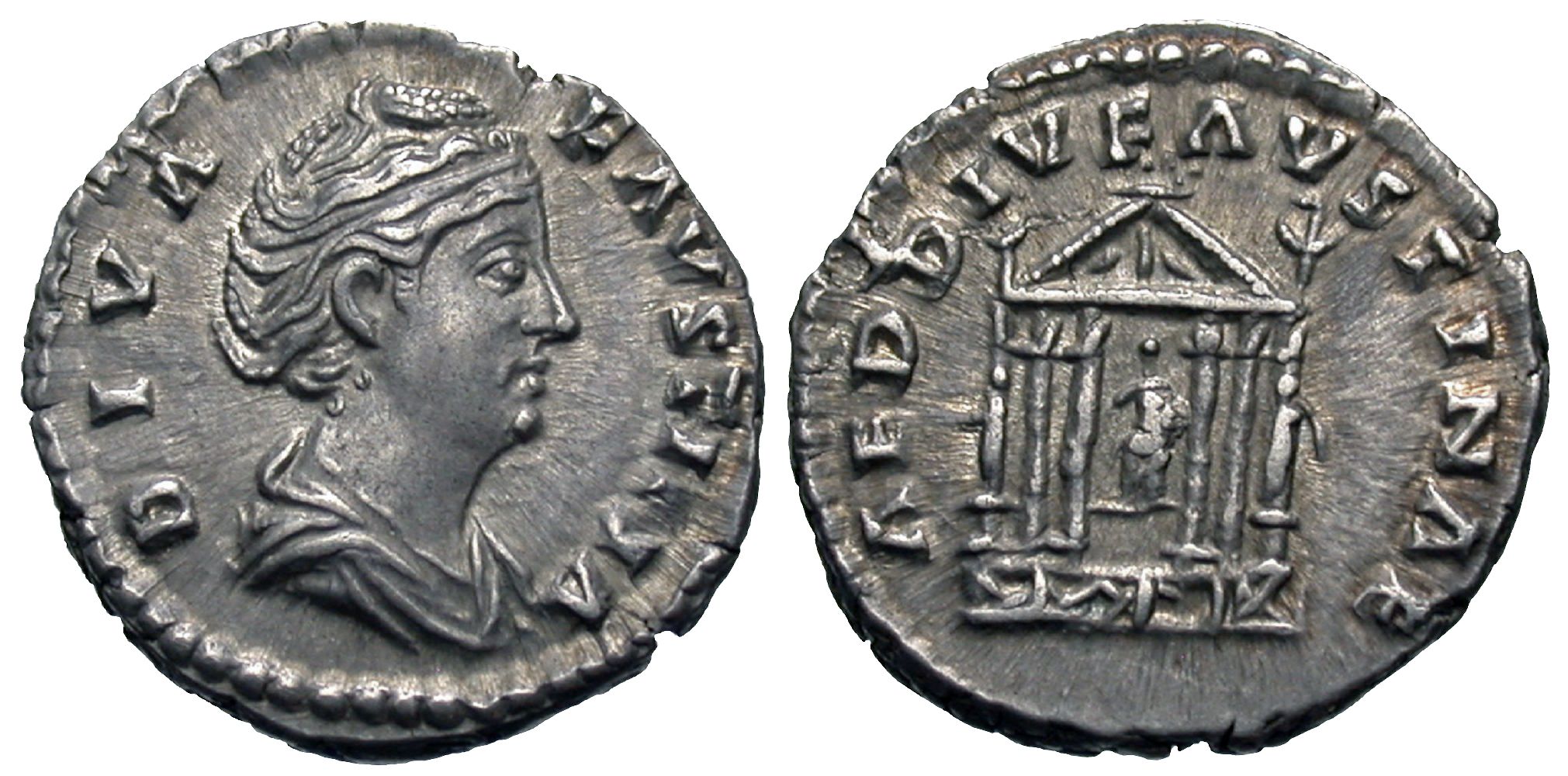 Diva Faustina Senior. AR Denarius. Hexastyle Temple. | Roman Imperial Coins