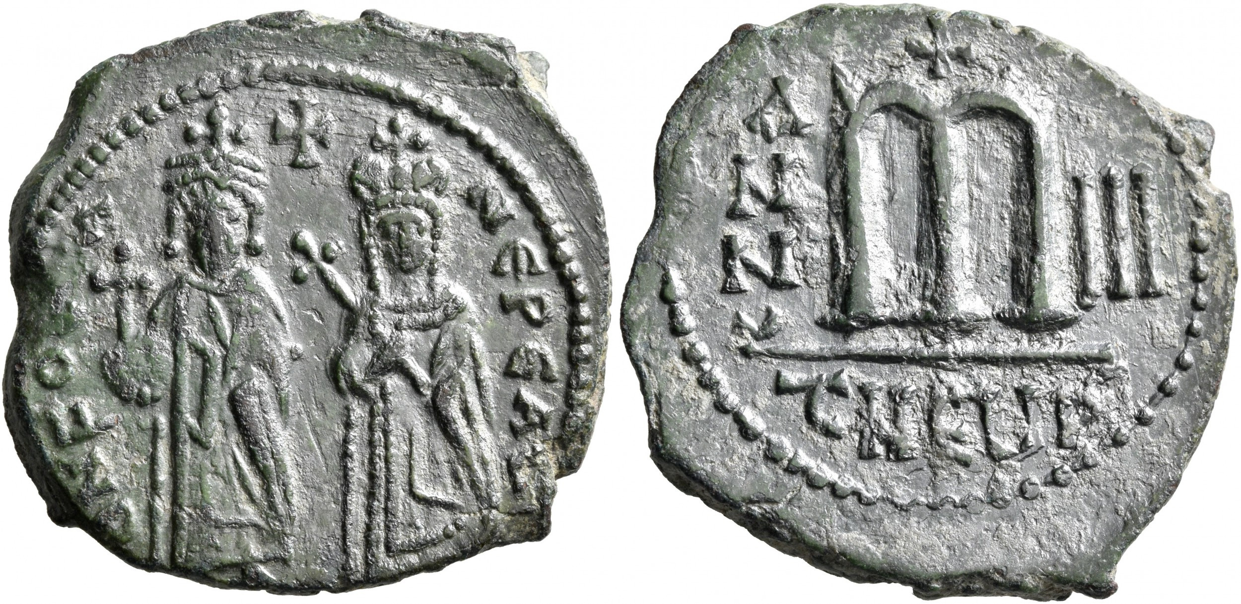 Byzantine Empire Phocas With Leontia Æ Follis Byzantine Coins 