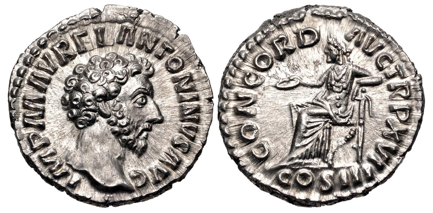 Marcus Aurelius. AR Denarius. Concordia. Lustrous. Superb EF.