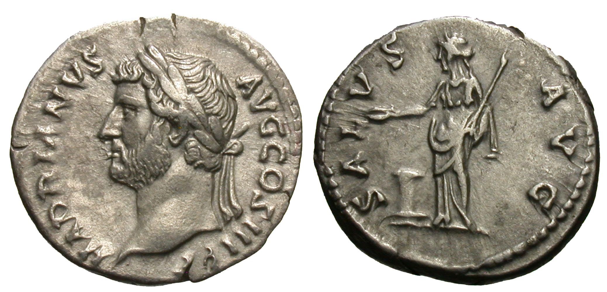 Hadrian. AR Denarius. Salus. Very Rare with Head to Left. | Roman ...