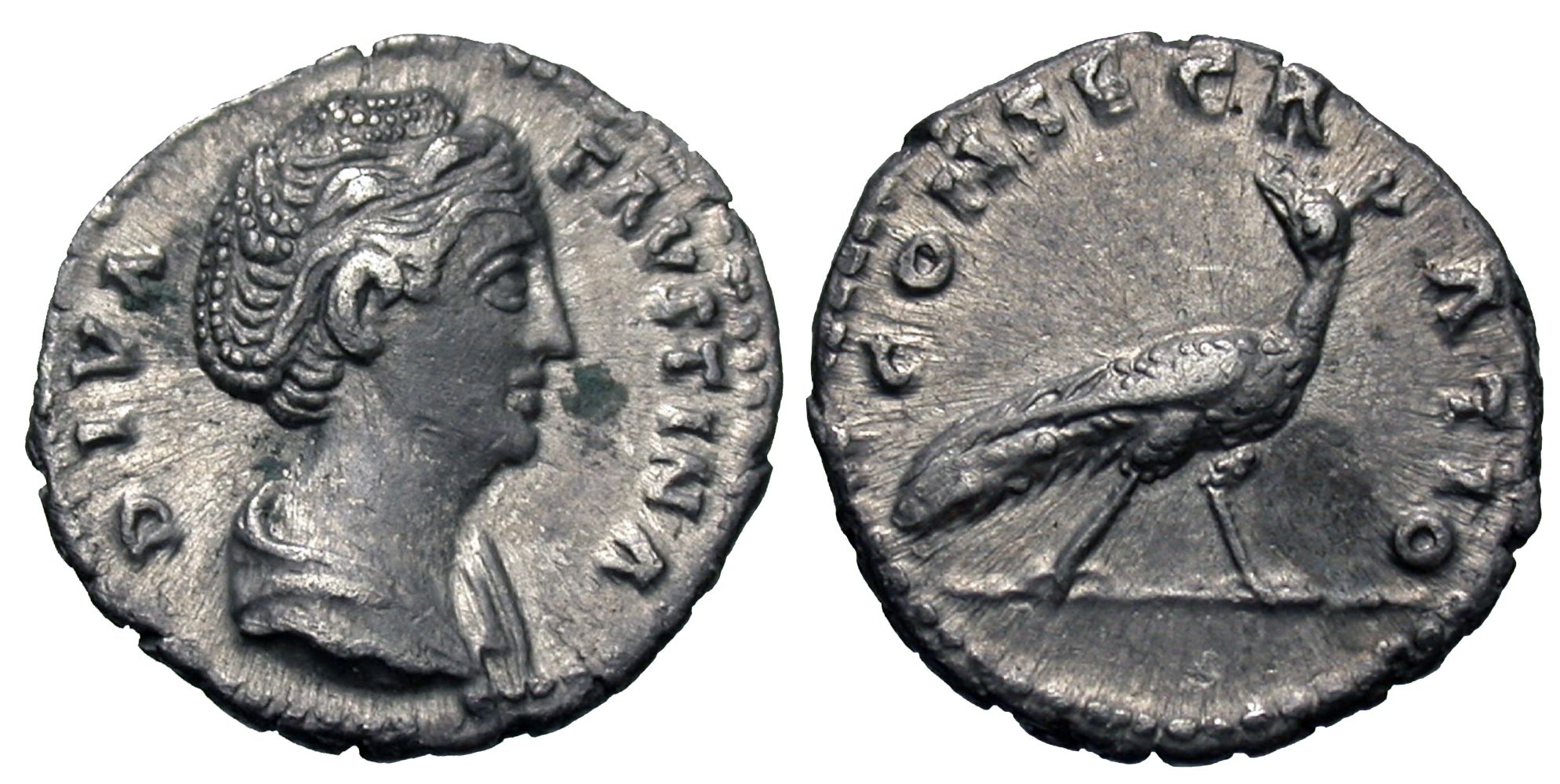 Diva Faustina Senior. AR Denarius. Peacock. | Roman Imperial Coins
