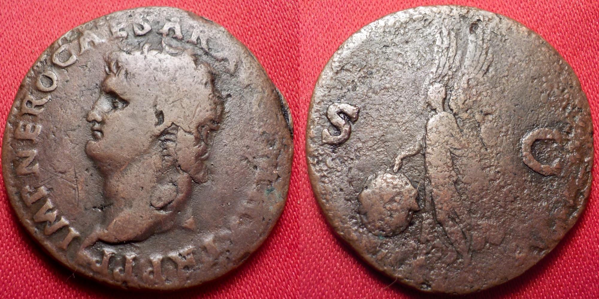 NERO AE as. Lugdunum, 66 AD. Victory advancing, carrying inscribed shield