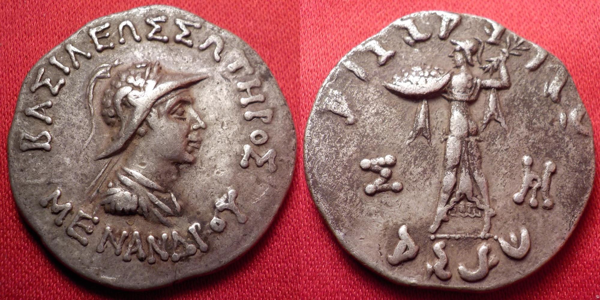 MENANDER I AR silver tetradrachm. Indo-Greek/Baktrian Kings. Helmeted ...