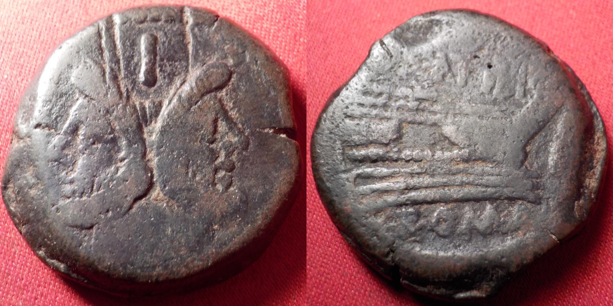 M ATILIUS SARANUS AE as. 148 BC. Head of Janus, prow of ship. Scarce.