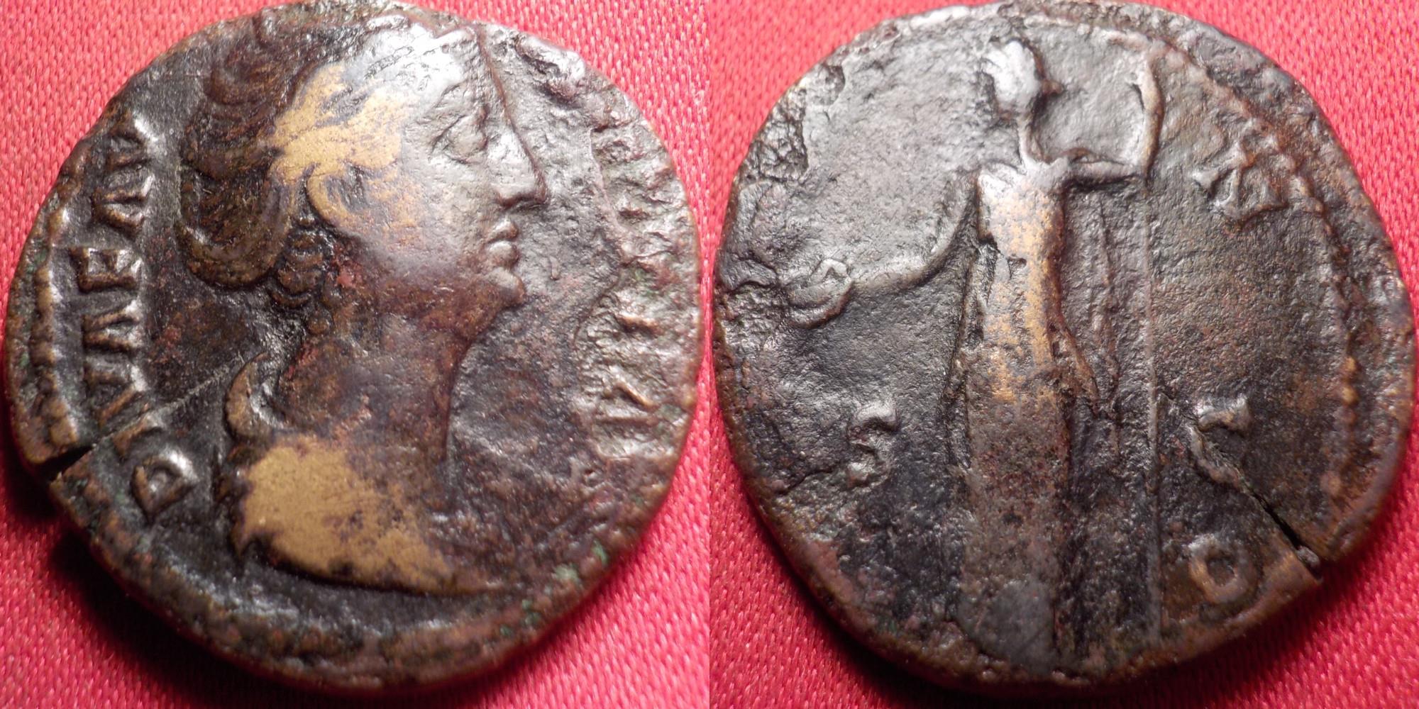 DIVA FAUSTINA SENIOR AE orichalcum dupondius. Juno standing, holding ...