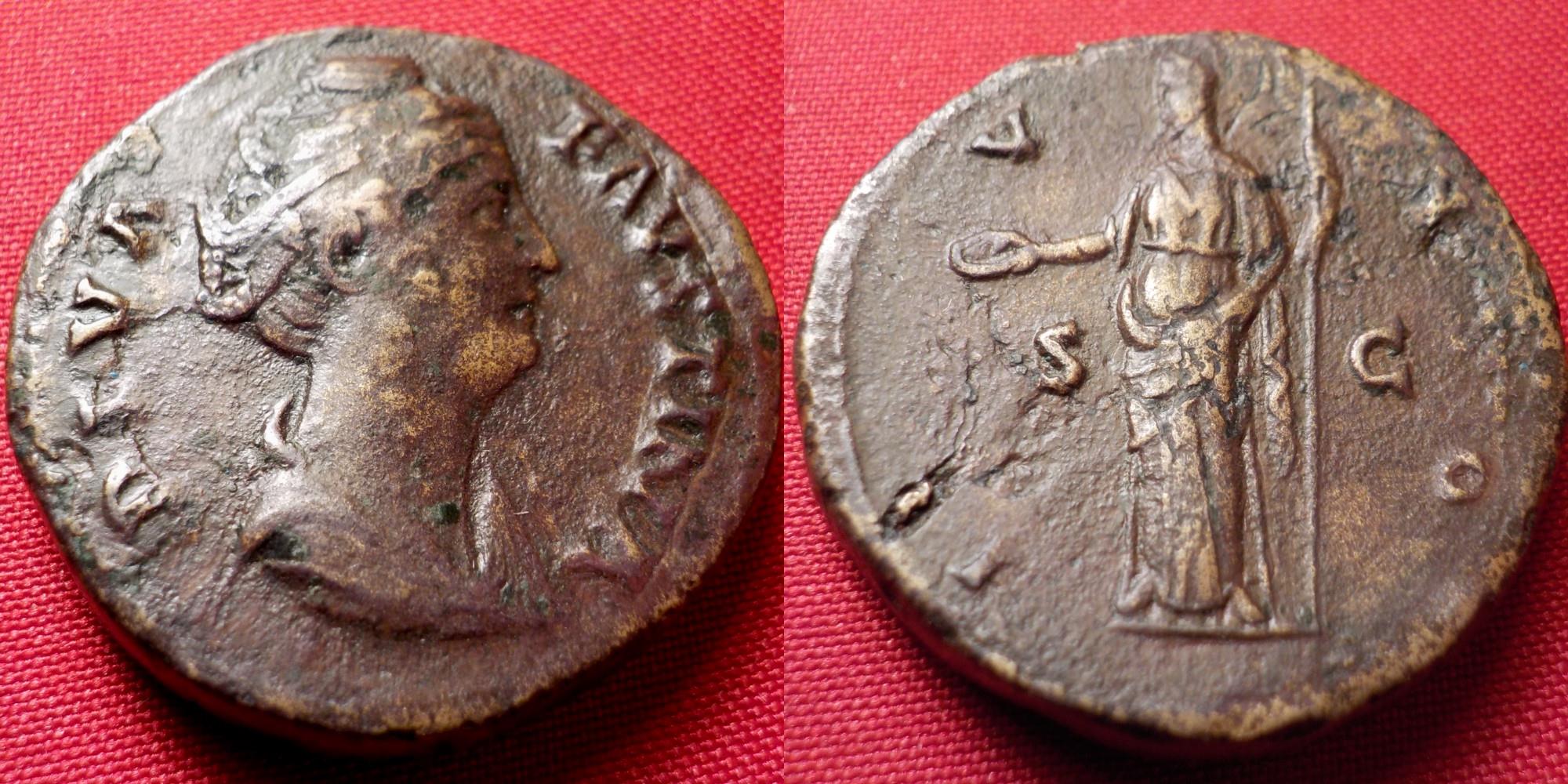 DIVA FAUSTINA SENIOR AE orichalcum dupondius. Juno standing, holding ...