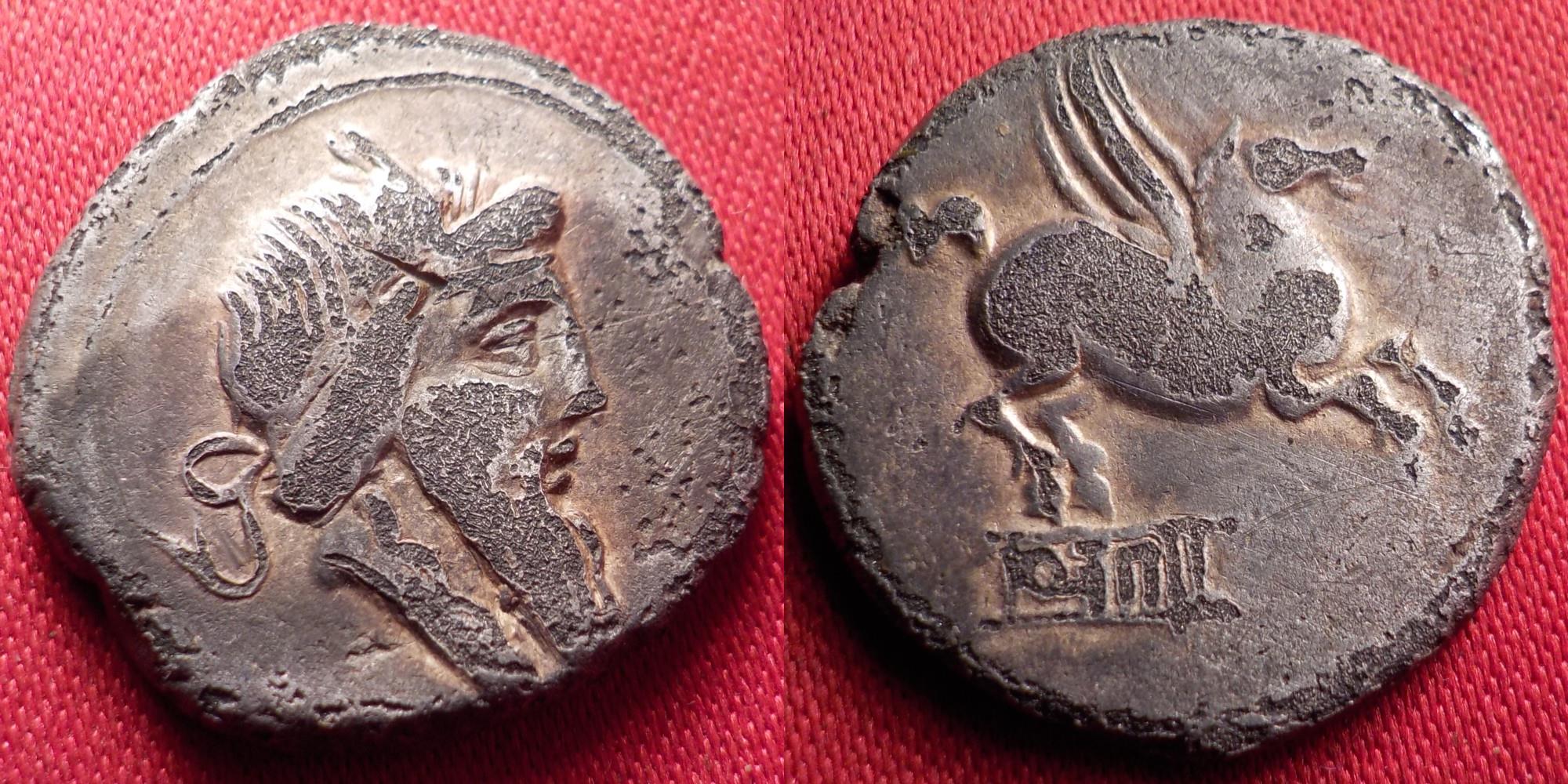 QUINTUS TITIUS AR silver denarius. Bust of Mutinus Titinus (Priapus ...