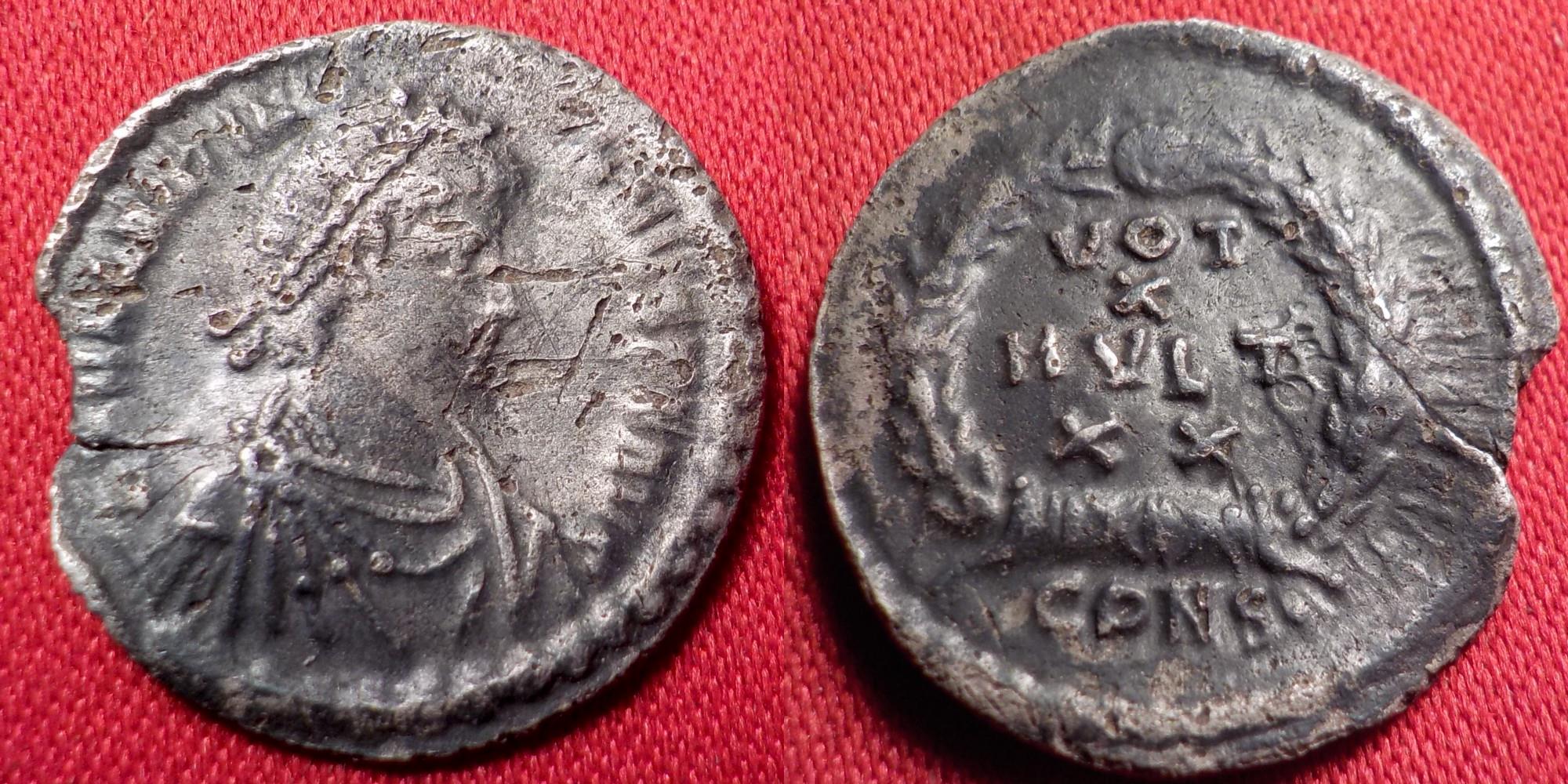 VALENTINIAN II AR silver siliqua. Constantinople, 385 AD. Vows in wreath