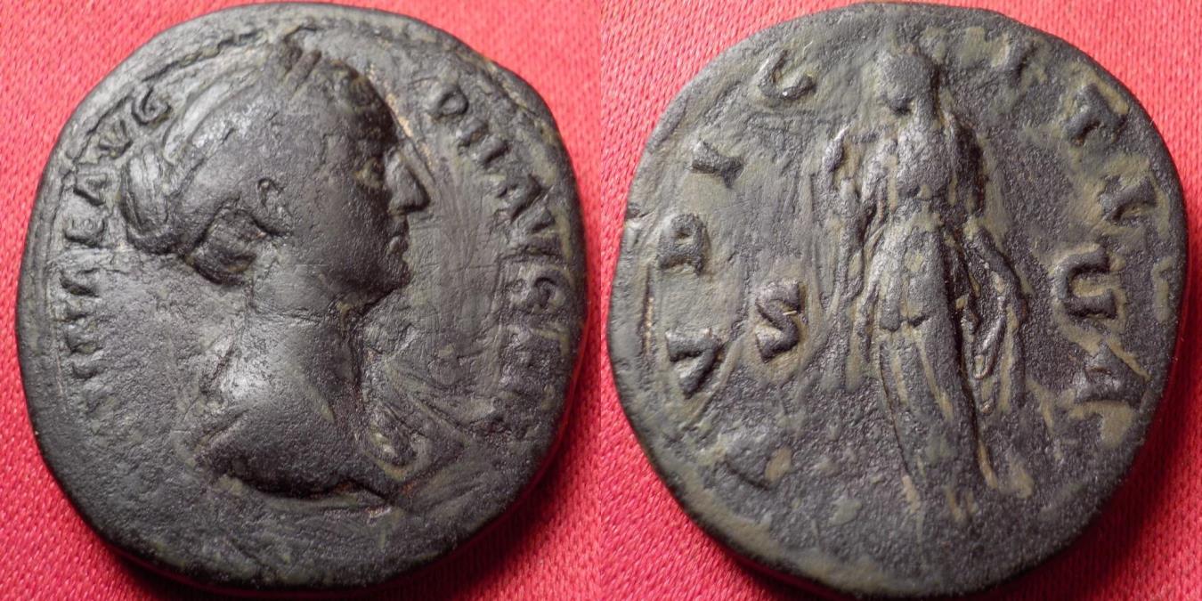 FAUSTINA II JUNIOR AE dupondius. PUDICITIA standing, holding her cloak.