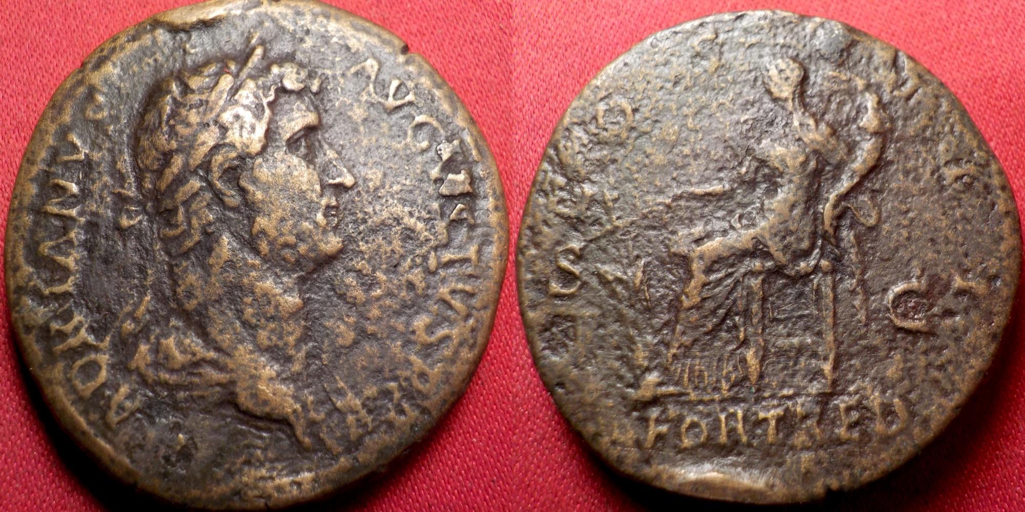 HADRIAN AE sestertius. 128-129 AD. COS III FORT RED, Fortuna seated left.