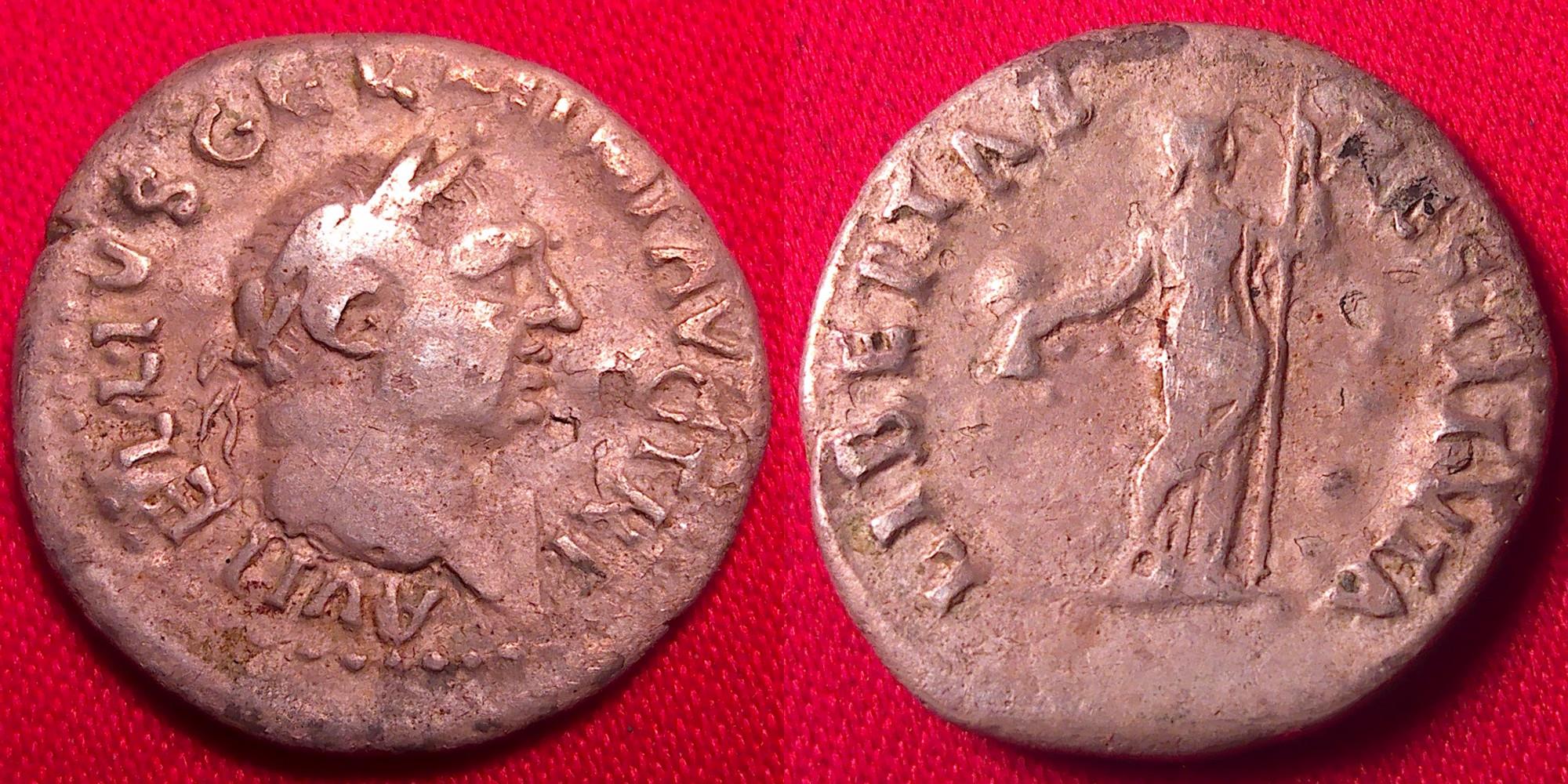 VITELLIUS AR silver denarius. Libertas standing, holding pileus & scepter.